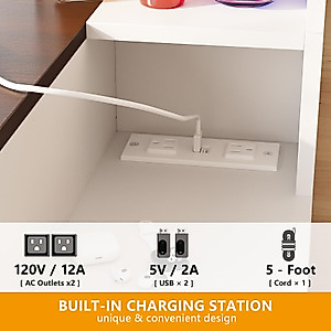 Vanity Desk with Mirror and Lights,White Makeup Vanity Table with Power Strip & LED Lighted Mirror,43in Large Makeup Desk with 5 Drawers,4 Cabinets and Lots Storage,3 Lighting Modes,White+Brown