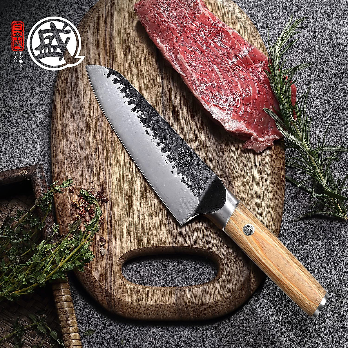 MITSUMOTO SAKARI 7 inch Japanese Santoku Chef Knife, High Carbon Steel Kitchen Cooking Knife, Professional Hand Forged Meat Cleaver Knife Kitchen Knife (Pakkawood Handle)