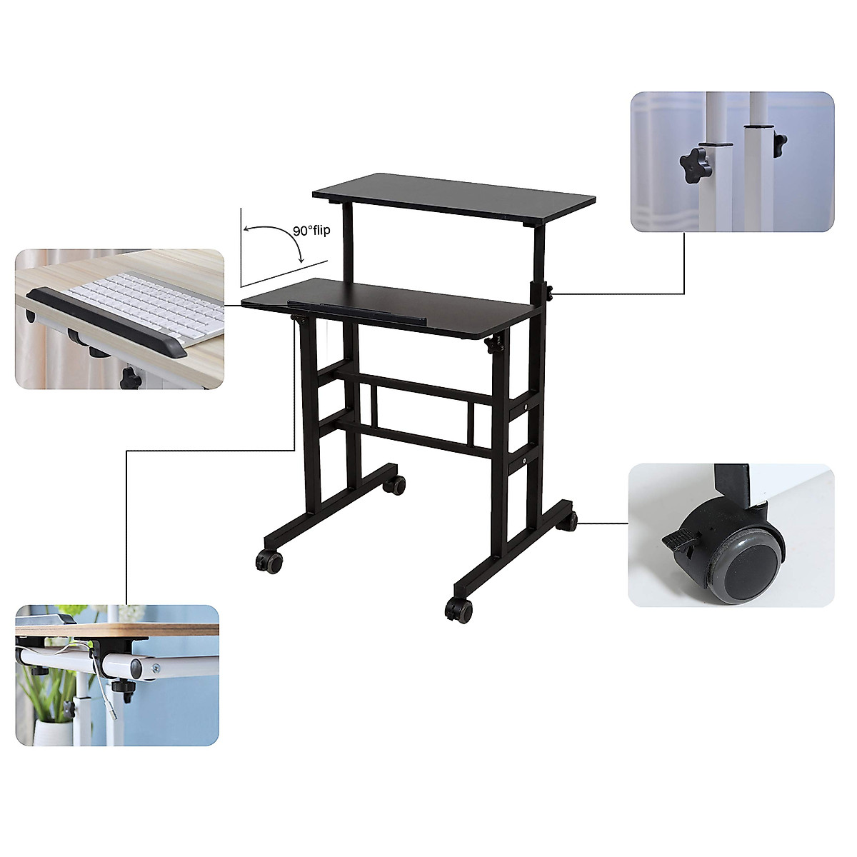 SDADI 2 Inches Carpet Wheels Mobile Desk Stand Up Height Adjustable Home Office with Standing and Seating 2 Modes for Room, Black