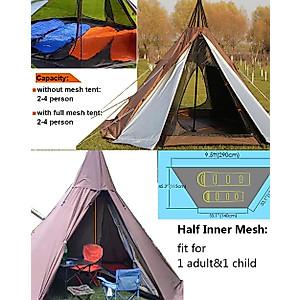 WINTENT 4 Season Teepee Tent with Stove Jack for Camping Hiking, Height 7.8FT/240CM (Brown, with Half Mesh Tent)
