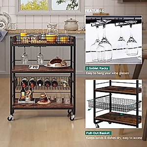 YITAHOME Bar Carts for The Home, Industrial Bar Cart with Movable Basket, Serving Cart on Wheels with 3-Tier Storage Shelves, Kitchen Cart with Glass Holder for Dining Room, Bar, Rustic Brown