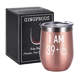 39 Plus One Middle Finger Wine Tumbler, 40th Birthday Gifts for Women Men, Wine Tumbler with Saying Funny Gifts Idea for Wife Mom Friends Coworkers, 12 Oz Insulated Wine Tumbler Glasses, Rose Gold