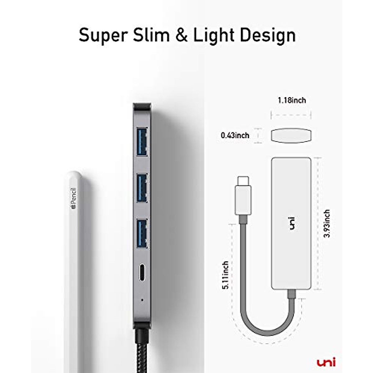 USB C to USB Hub with 100W PD, uni (Slim& Aluminum& Nylon) USB Type C to USB Adapter with Hight Speed 3*USB 3.0, USB-C Power Delivery, Thunderbolt 3 Compatible with MacBook Pro, XPS, Pixelbook