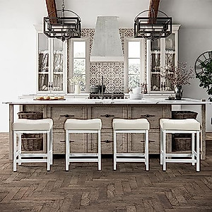 KATDANS Bar Stools Set of 2, 24" Counter Height Saddle Bar Stools, Upholstered PU Leather Bar Stools for Kitchen Island, Mid Century Modern Backless Barstools with Metal Base, KS861P-Cream, 2Pcs