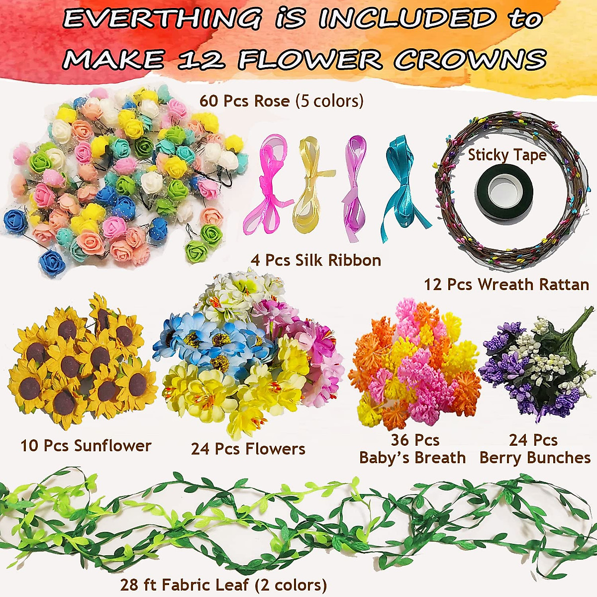 WUBOMJIO Flower Crowns Craft Kit, Make Your Own 12 PCs Flower Crowns Garland Handmade Arts and Crafts for Kids, DIY Fairy Flower Headbands and Bracelets,Hair Accessories Gift for Girls/Teens/Women