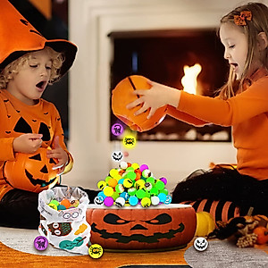 72 Glow in The Dark Halloween Bouncy Balls, 8 Halloween Designs - Eyeball Toy for Kids, Halloween Party Favor Supplies, School Classroom Game Rewards, Trick or Treating Goodie - With Pouch Bag