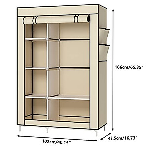 Calmootey Closet Storage Organizer,Portable Wardrobe with 6 Shelves and Clothes Rod,Non-Woven Fabric Cover with 4 Side Pockets,Beige