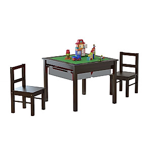 UTEX Wooden 2 in 1 Kids Construction Play Table and 2 Chairs Set with Storage Drawers, and Built in Plate Compatible with Lego and Duplo Bricks (Espresso with Grey Drawer)