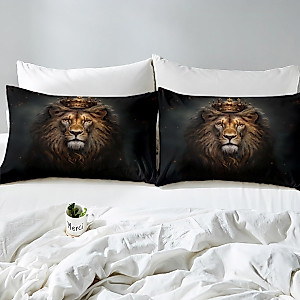 Comforter Cover Full Size, King Lion Golden Print Bedding Set Black 3D Lion Animal Print Duvet Cover, Crown Lion African Wildlife Bedspread Cover for Kids and Adults Baby Boy Gifts