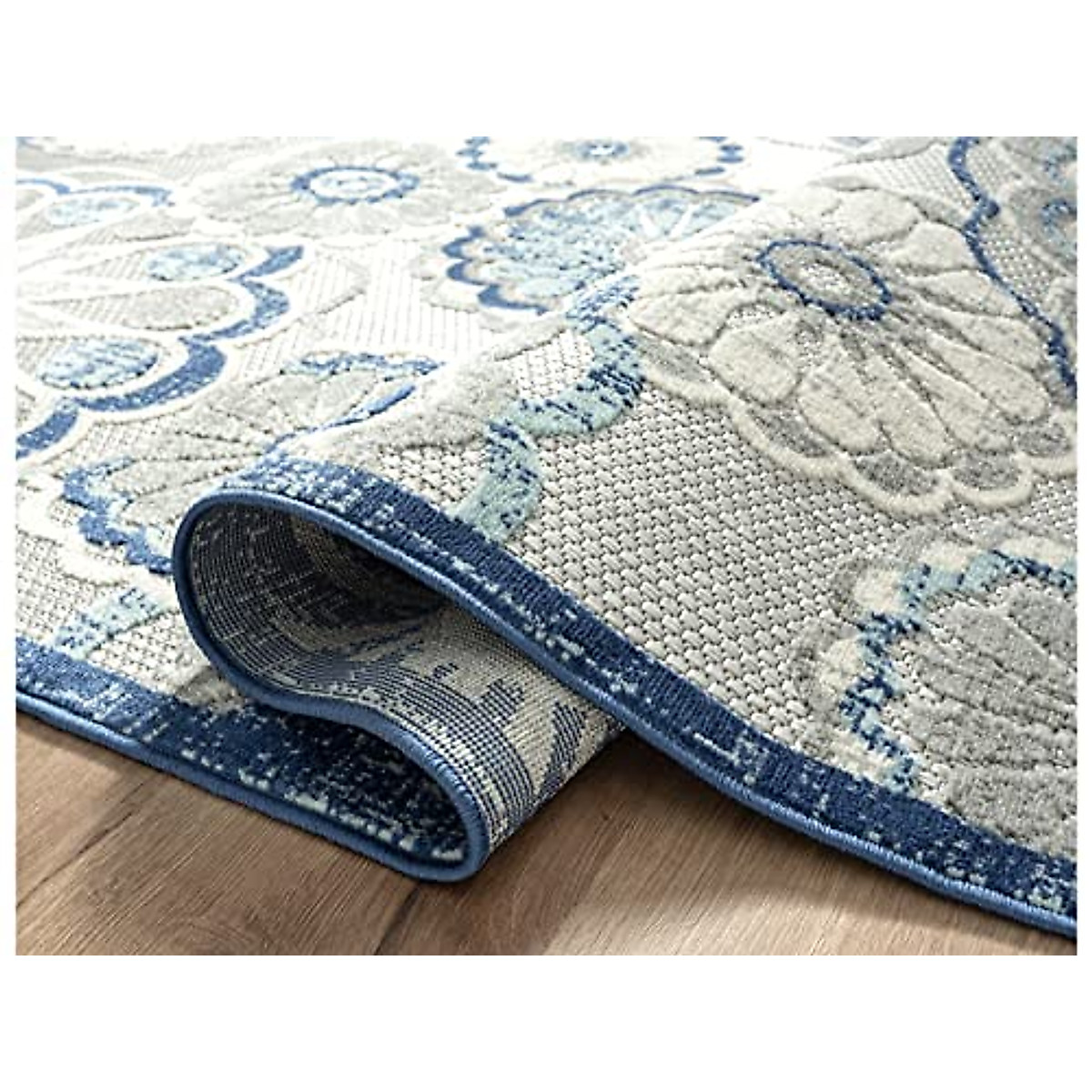 Abani Contemporary Design 4' x 6' Blue & Grey Floral Area Rug Rugs - Unique Non-Shed Modern Flower Print Indoor/Outdoor Rug
