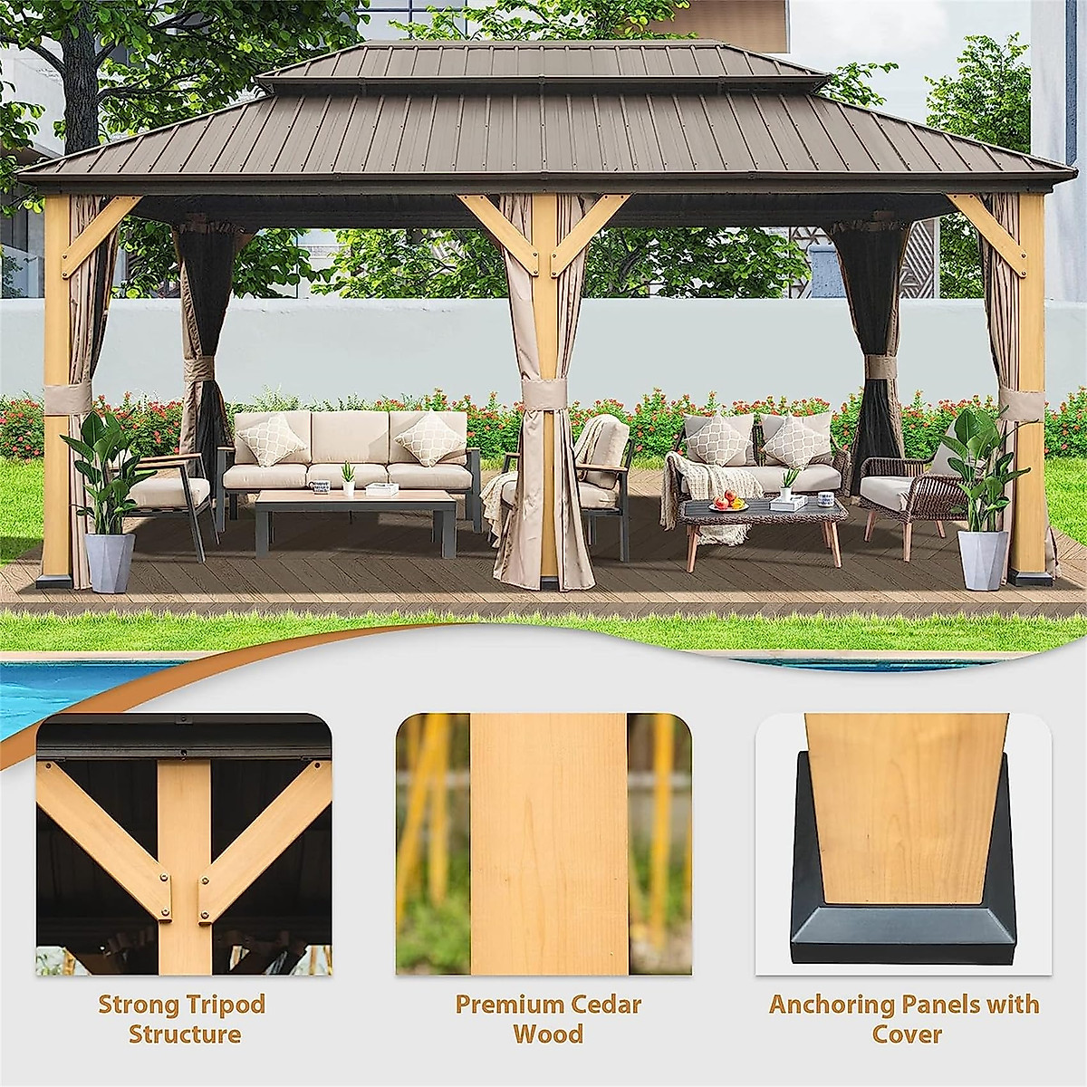 12'x20' Hardtop Gazebo with Cedar Wood Frame, Outdoor Wood Gazebo with Galvanized Steel Double Roof, Permanent Metal Roof Gazebo with Curtains and Netting for Patio, Backyard and Lawn(Brown)