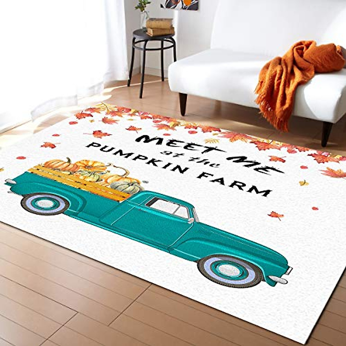 Thanksgiving Outdoor Rug, Large Floor Mat Pumpkin Truck Maple Leaf Non Slip Area Rug Rubber Backing Quick Dry Clearance Carpet for Camping Rugs, Patio, Garden, Lawn, Deck, Porch, 5' x 8'