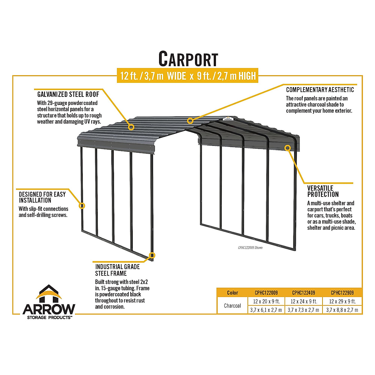 Arrow Carports Galvanized Steel Carport, Full-Size Metal Carport Kit, 12' x 24' x 9', Charcoal
