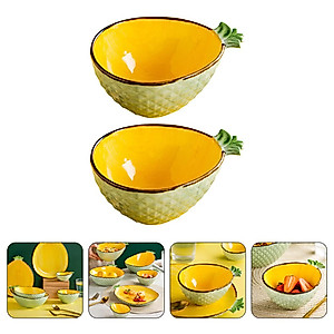 SEWACC Ceramic Hawaiian Pineapple Bowl: 2pcs Tropical Theme Porcelain Soup Oatmeal Cereal Stew Dessert Bowl Salad Pasta Rice Yoghurt Condiments Side Dishes Dip Ramen Noodle Plate