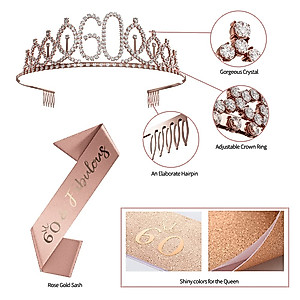 60th Birthday Gifts Decorations for Women - Birthday Cake Topper, Balloons, Birthday Queen Sash with Pearl Pin, Tiara Crown and Candle Set, Rose Gold, Rose Gold (60th)