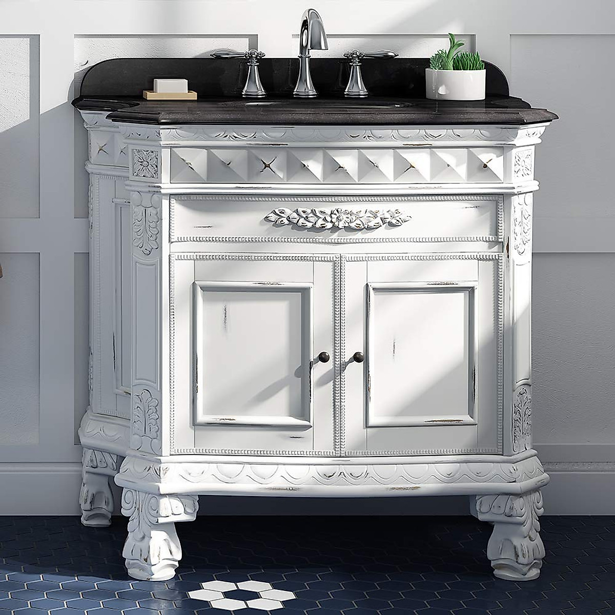 Ove Decors Islay 36 in. Bathroom Vanity and Sink Combo Carved Cabinet with Black Granite Top | Backsplash Included, 35 inches, Antique White Gold Brushed