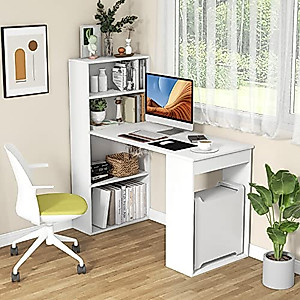 IFANNY 48 Inch Computer Desk with Bookshelf, Reversible Home Office Desk with Open Shelves & CPU Stand, Modern Space-Saving Writing Desk Computer Workstation for Study, Living Room (White)