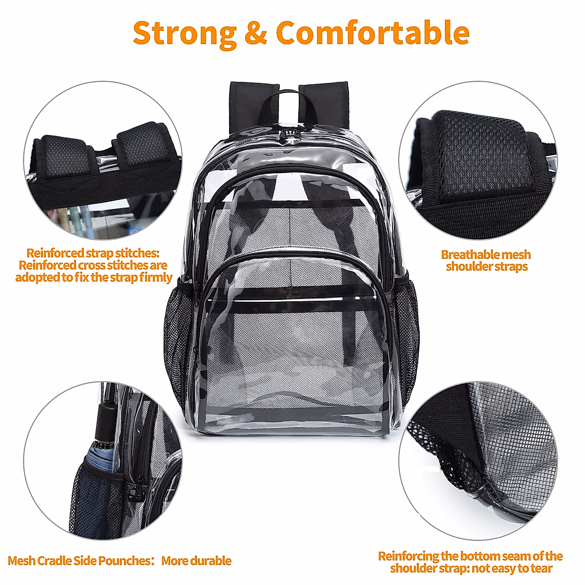 KUI WAN Clear Backpack Heavy Duty,Large Clear Bag PVC Transparent Bag for Stadium,School,Black