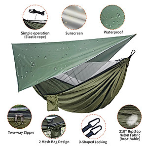 NewDoar Camping Hammock with Mosquito Net and Rain Fly Tarp,Portable Single Nylon Parachute Hammock Rainfly Set,Tree Straps Swing Hammock Bed for Outdoor Backpacking Backyard Hiking(ArmyGreen)