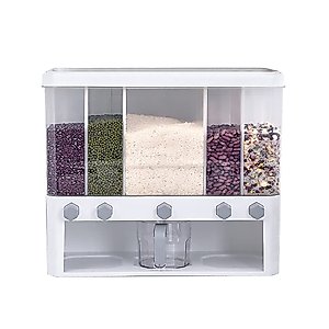 DYRABREST Dry Food Dispensers, 5-Grid Rice Dispensers, 33 Lbs Capacity Wall Mounted Grain Dispenser Food Storage Container/Rice Storage Container with Cup and Removable Dividers for Kitchen Storage
