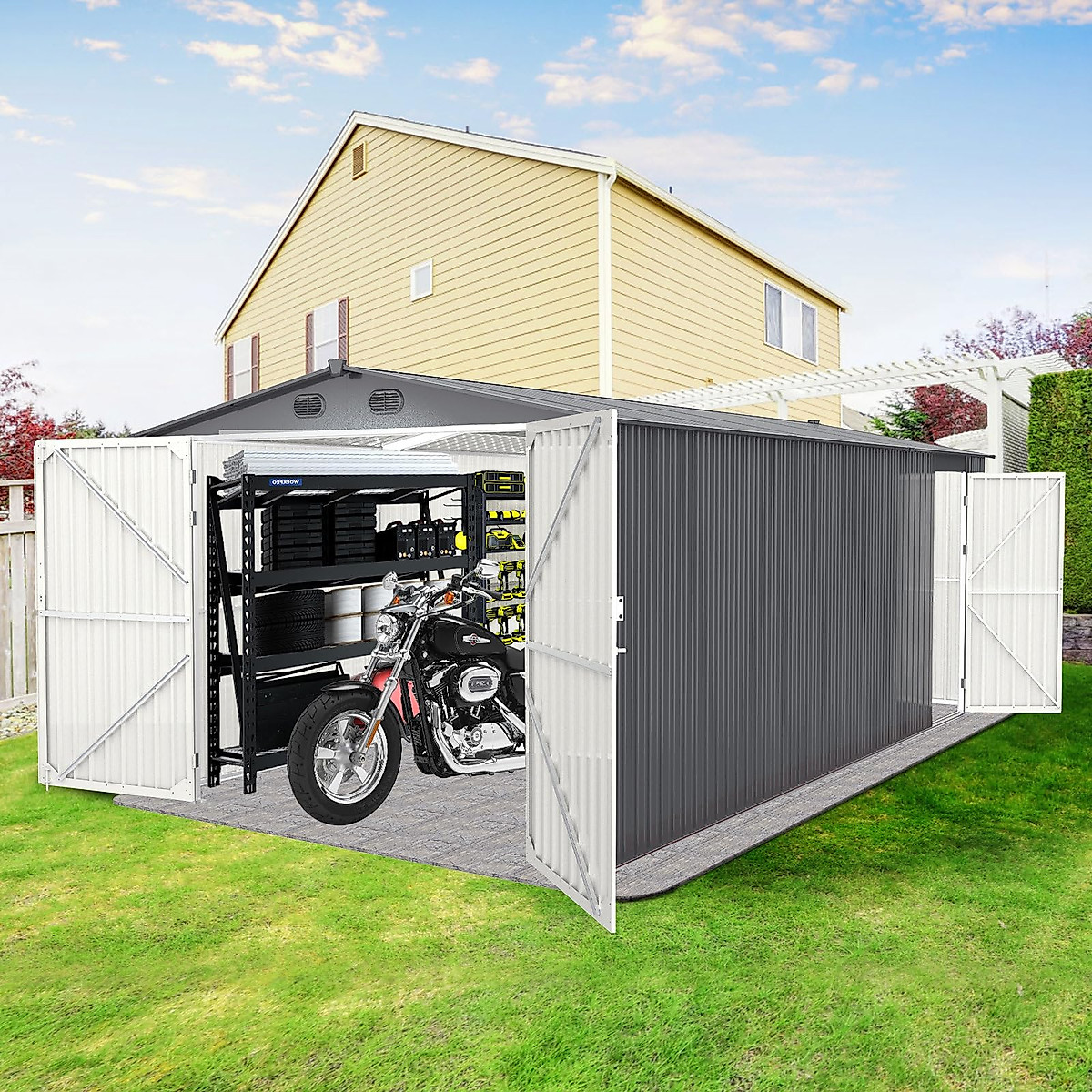 13 x 20 FT Outdoor Storage Shed, Large Metal Garden Shed with 2 Lockable Doors, Tool Shed Outdoor Storage with 4 Air Vents, Garage Shed Waterproof for Car, Truck, Bike, Garbage Can, Tool, Dark Gray
