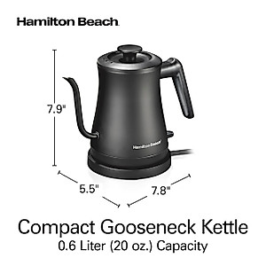 Hamilton Beach Compact 20 oz. / 0.6 Liter Gooseneck Electric Kettle for Boiling Water, Pour Over Coffee, Tea, Ultra Fast Heating With 1200 Watts, Stainless Steel BPA-Free Interior, Black (41045)