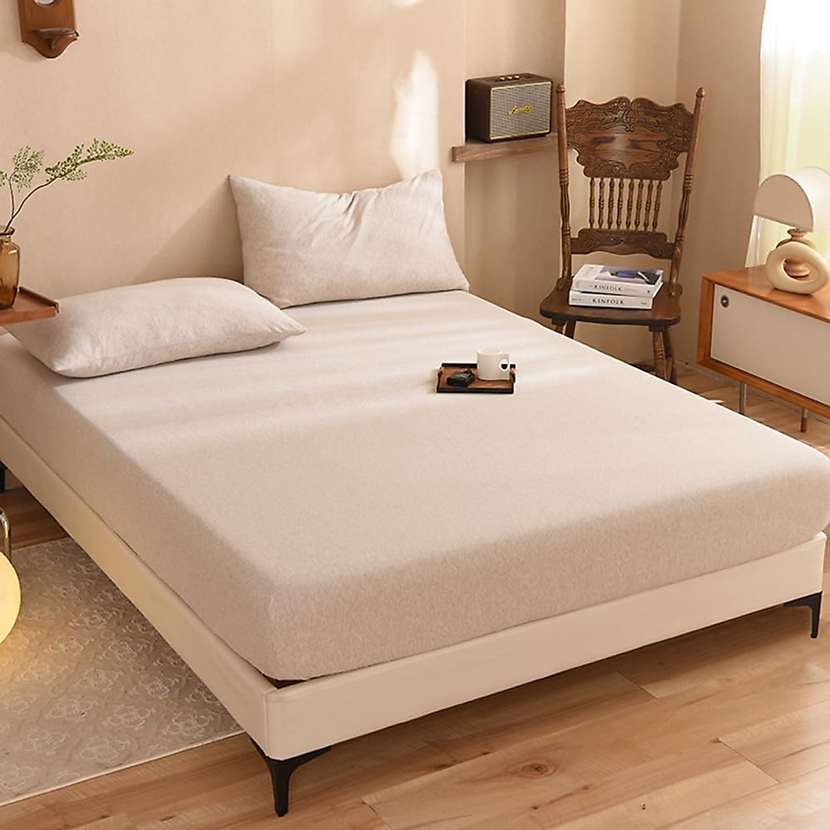 Mengersi 100% Jersey Knit Cotton Fitted Sheet, Fitted Bottom Sheet -1 Piece Fitted Sheet, Extra Deep Pocket Sheet Mattress Cover (Khaki, Full)