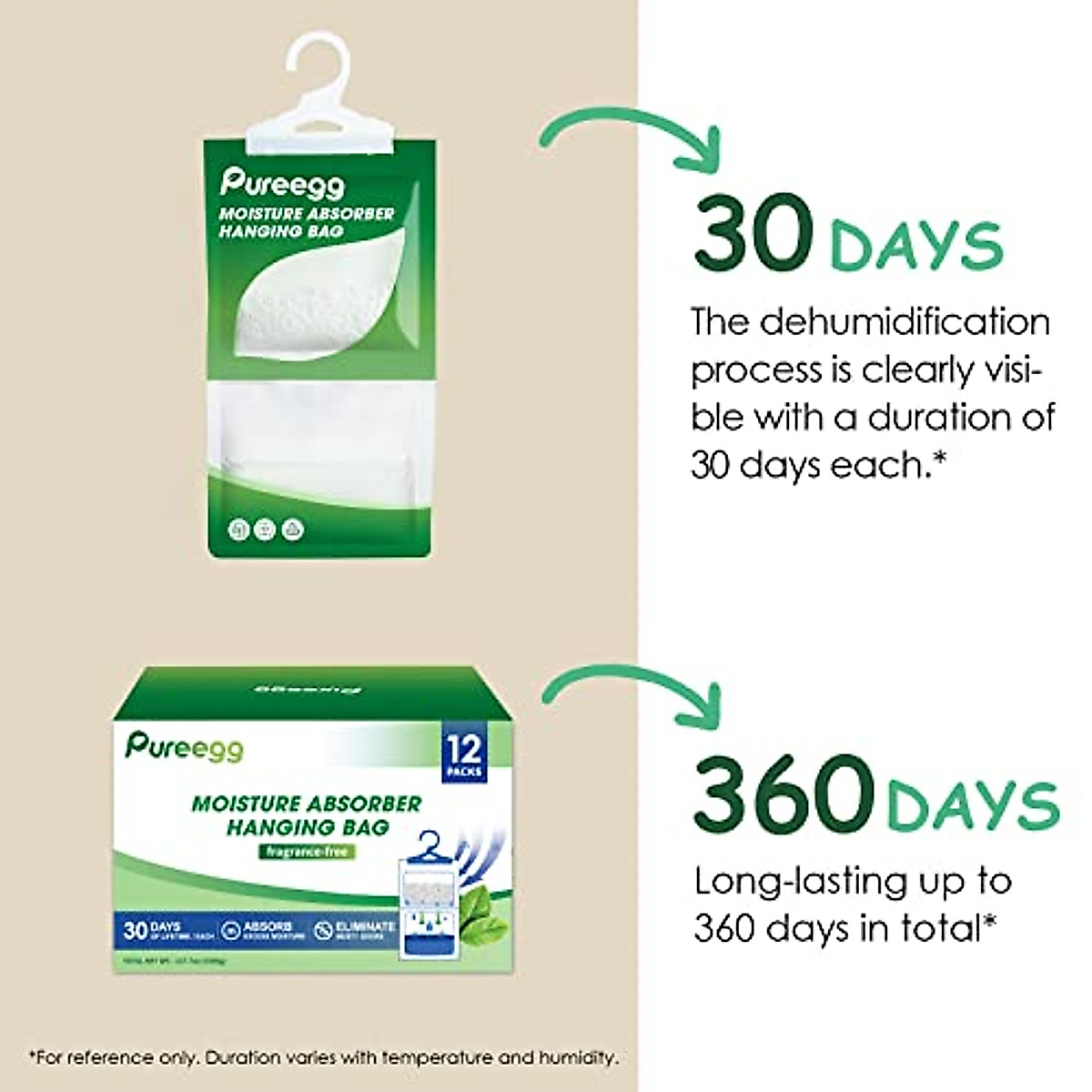 Pureegg Moisture Absorbers Hanging Bag - 12 Packs, Citrus Scent, Odor Absorber for Narrow Spaces, Efficient Humidity Absorber for Kitchens, Basements, Bathrooms, Hanging Closet Odor Eliminator