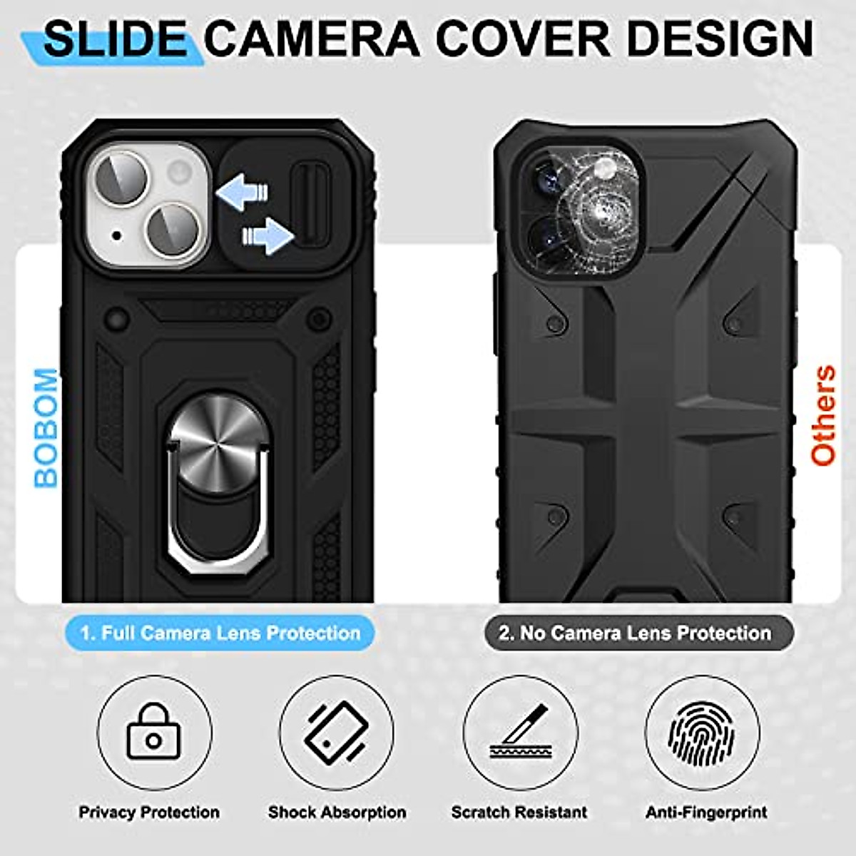 BOBOM [4 in 1 Armor Case for iPhone 14 Case with Stand & Camera Cover [2 Pack Tempered Glass Screen Protector Included] Military Grade Heavy Duty Protective Ring Holder Kickstand Case 6.1 Inch, Black