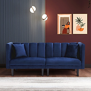 Lepfun Futon Bed Convertible Velvet, Modern Sleeper Sofa with 2 Pillows, 3 Adjustable Angles for Backrest,Living Room Couch with 7 Sturdy Metal Legs,Upholstered Loveseat for Home,Office,Navy Blue