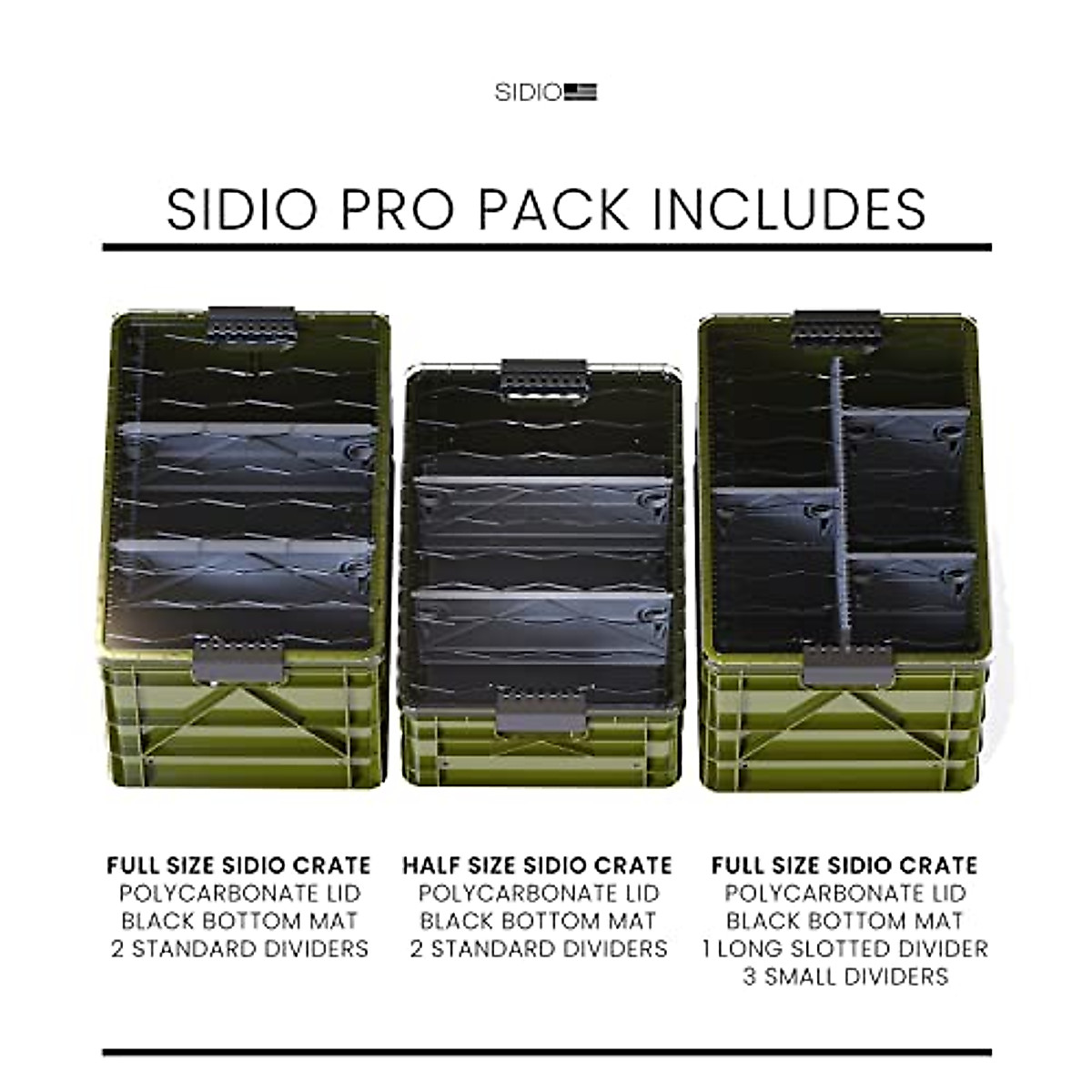 SIDIO CRATE Pro Pack - Two Full Size and One Half Size SidioCrate, Stackable Outdoor Organizer Storage Bins with Clear Lid and Dividers - Green