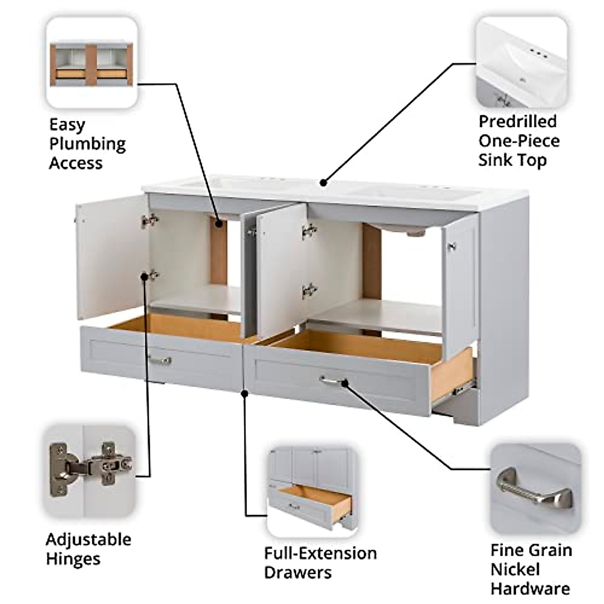 Spring Mill Emlyn Double Bathroom Vanity with 2 Cabinets, 2 Drawers, and White Sink Top, ‎18.75" D x 60.25" W x 32.89" H, Pearl Gray