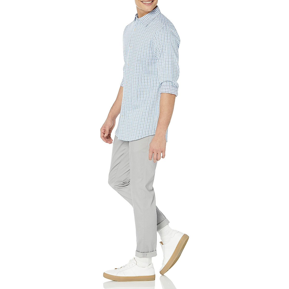Amazon Essentials Men's Slim-Fit Long-Sleeve Stretch Dress Shirt, White Grid Check, Medium