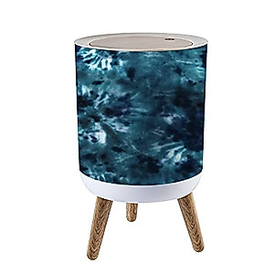 Small Trash Can with Lid Tie dye shibori seamless Watercolor hand painted dark indigo blue navy Garbage Bin Wood Waste Bin Press Cover Round Wastebasket for Bathroom Bedroom Diaper Office Kitchen