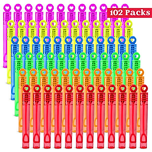 JOYIN 102 Pcs 6 Colors Mini Bubble Wands Bulk Party Favors Assortment Toys for Kids, Carnival Prizes, Wedding, Outdoor Gifts for Girls & Boys, Easter Basket Stuffers Goodie Gift Bag Stuffer Fillers