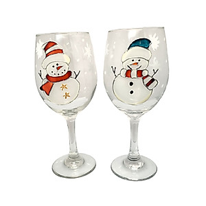 Snowman Hand Painted Holiday Wine Glasses Set of 2