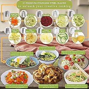 Brieftons 10-Blade Vegetable Spiralizer: Strongest-Heaviest Duty Spiral Slicer, Best Veggie Pasta Spaghetti Maker for Low Carb/Paleo/Gluten-Free, With Container, Lid, Blade Caddy, 4 Recipe Ebooks