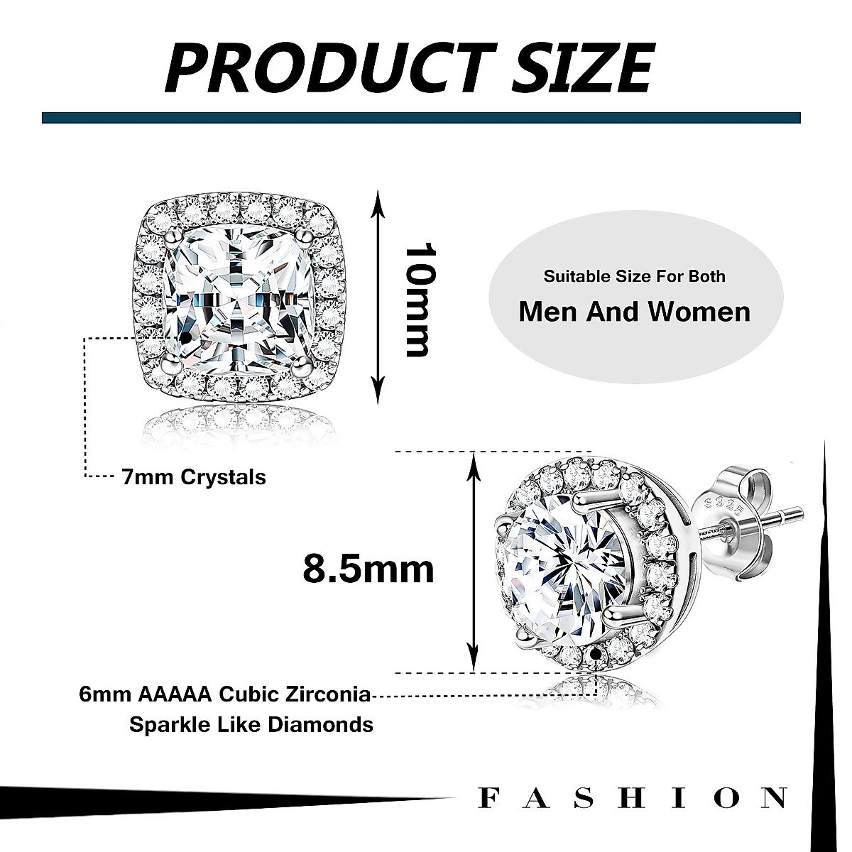 Hayoso 18K Gold Plated Halo Stud Earrings 925 Sterling Silver Cubic Zirconia Stud Earrings Round Square Diamonique Stud Earrings Set for Women Men - Silver