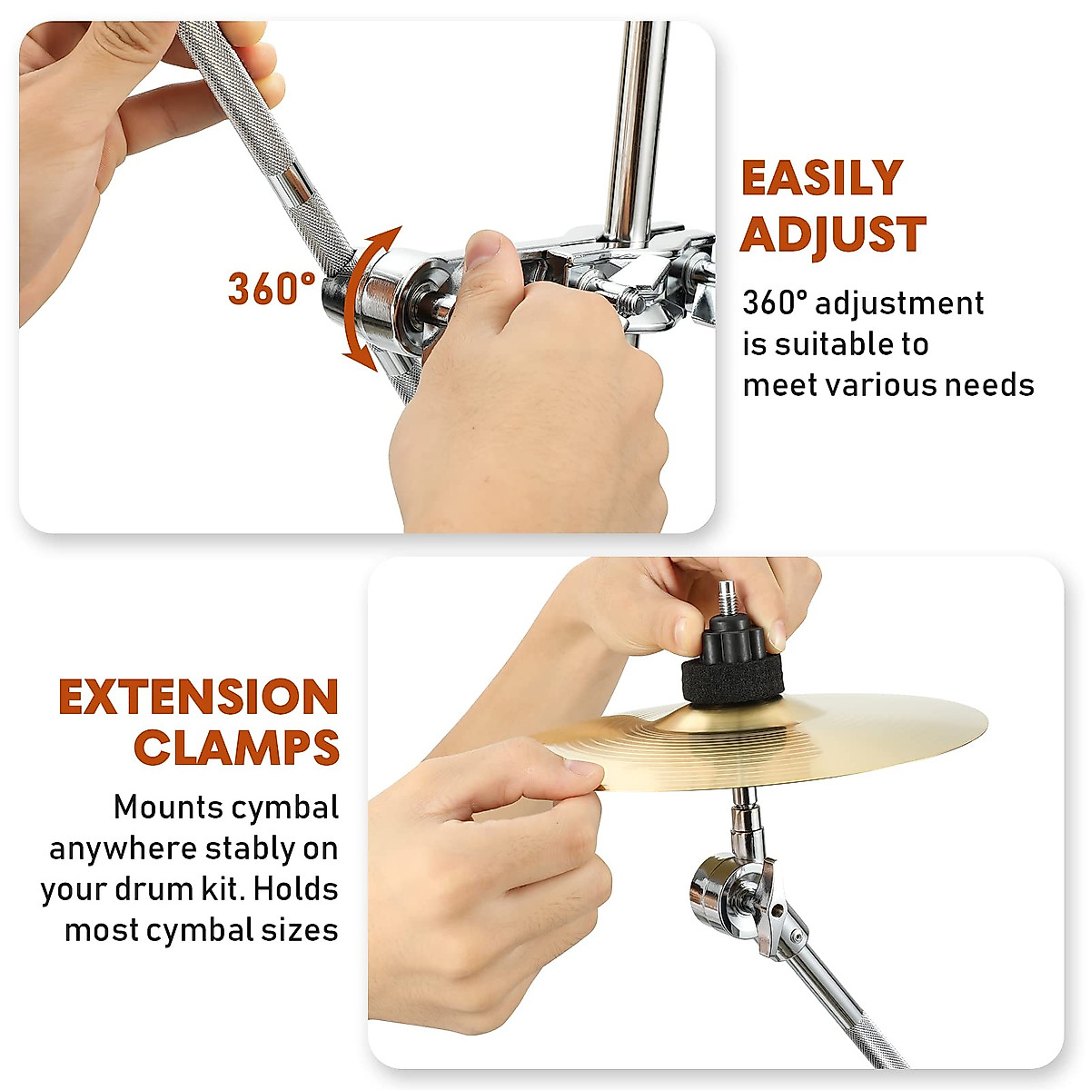 EXCEART Drum Extension Clamps Holder Adjustable Extension Arm Cymbal Boom Arm With Clamp Drum Accessories Silver