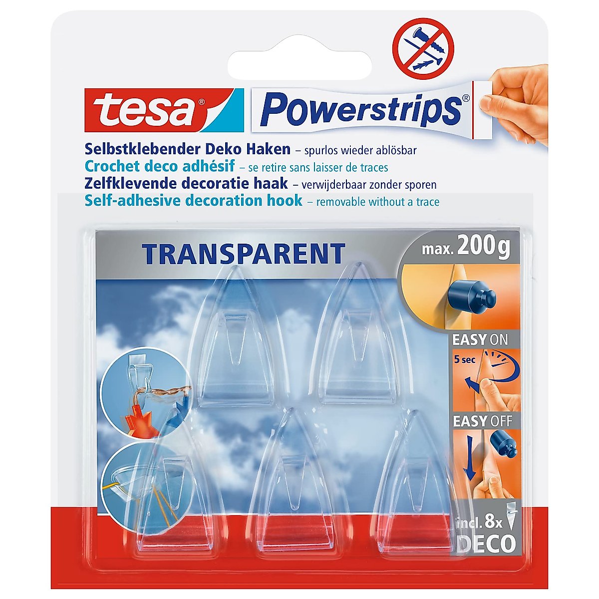 tesa Adhesive Hooks for Glass - Invisible Hanging Hooks for Mirrors & Transparent Surfaces - Holds up to 0.2 kg per Hook - Pack of 5 incl. 8 Adhesive Strips