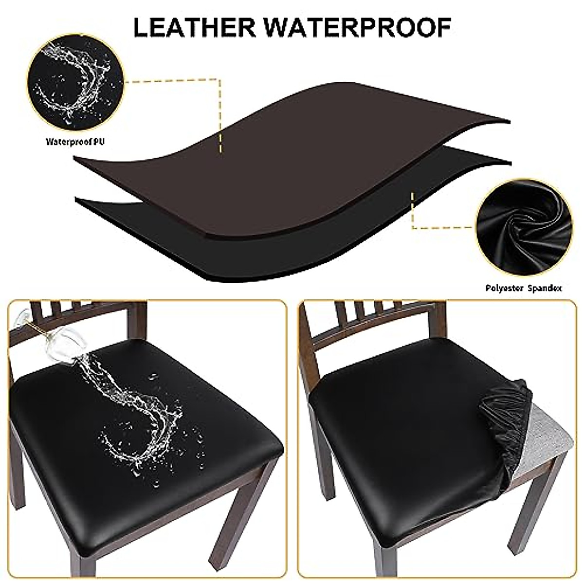 NIBESSER Waterproof Chair Seat Covers Set of 6, PU Leather Dining Chair Seat Covers, Stretch Chair Cover for Dining Room Chairs, Removable Kitchen Seat Cushion Slipcovers Protector (Black)