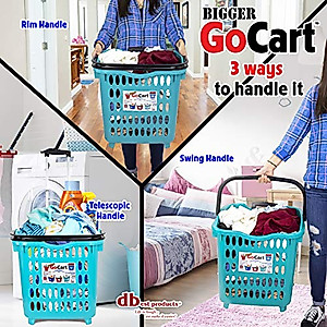 dbest products Bigger GoCart Grocery Cart Rolling Shopping Laundry Basket on Wheels Hamper with Telescopic Handle Cleaning Caddy Trolley, Teal, Bigger 1 pack