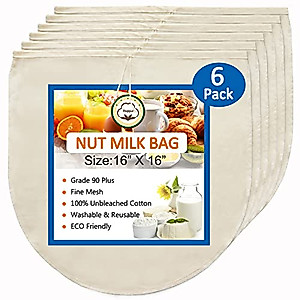 6 Pack 16"x16" Nut Milk Bag for Straining, 100% Unbleached Cotton Cloth, Reusable Cheesecloth, Strainer for Almond/Oat/Soy Milk, Cold Brew Coffee, Filter Bag for Cheese/Yogurt/Juice/Wine/Soup/Herbs