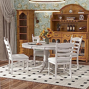ERYE 5 Pieces Functional Furniture, Retro Style Set Round Extendable Table and 4 Upholstered Chairs for Dining Room & Kitchen Living Space, Brown, Antique White