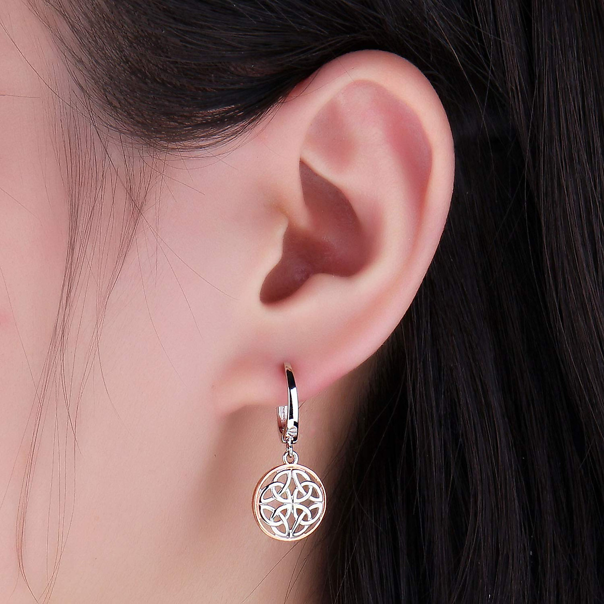 JewelryPalace Irish Celtic Knot Dangle Earrings, 14k Rose Gold Plated 925 Sterling Silver Hoop Earrings for Women, Love Drop Earrings for Women, Huggie Earrings for Women, Earring Sets Hoops Jewelry