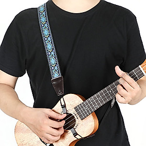 Eyeshot Ukulele Strap No Drill, Adjustable Double J Hook Clip on Uke Shoulder Strap, Hawaiian Jacquard Blue Flower Hands Free Ukelele Strap, Easy to Use and Fit Most Standard Uke Sizes