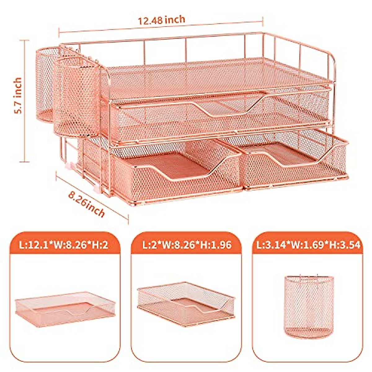 gianotter Office Supplies Desktop workspace Organizer with Drawers and 2 Pen Holder, Desk accessories (Rose Gold)