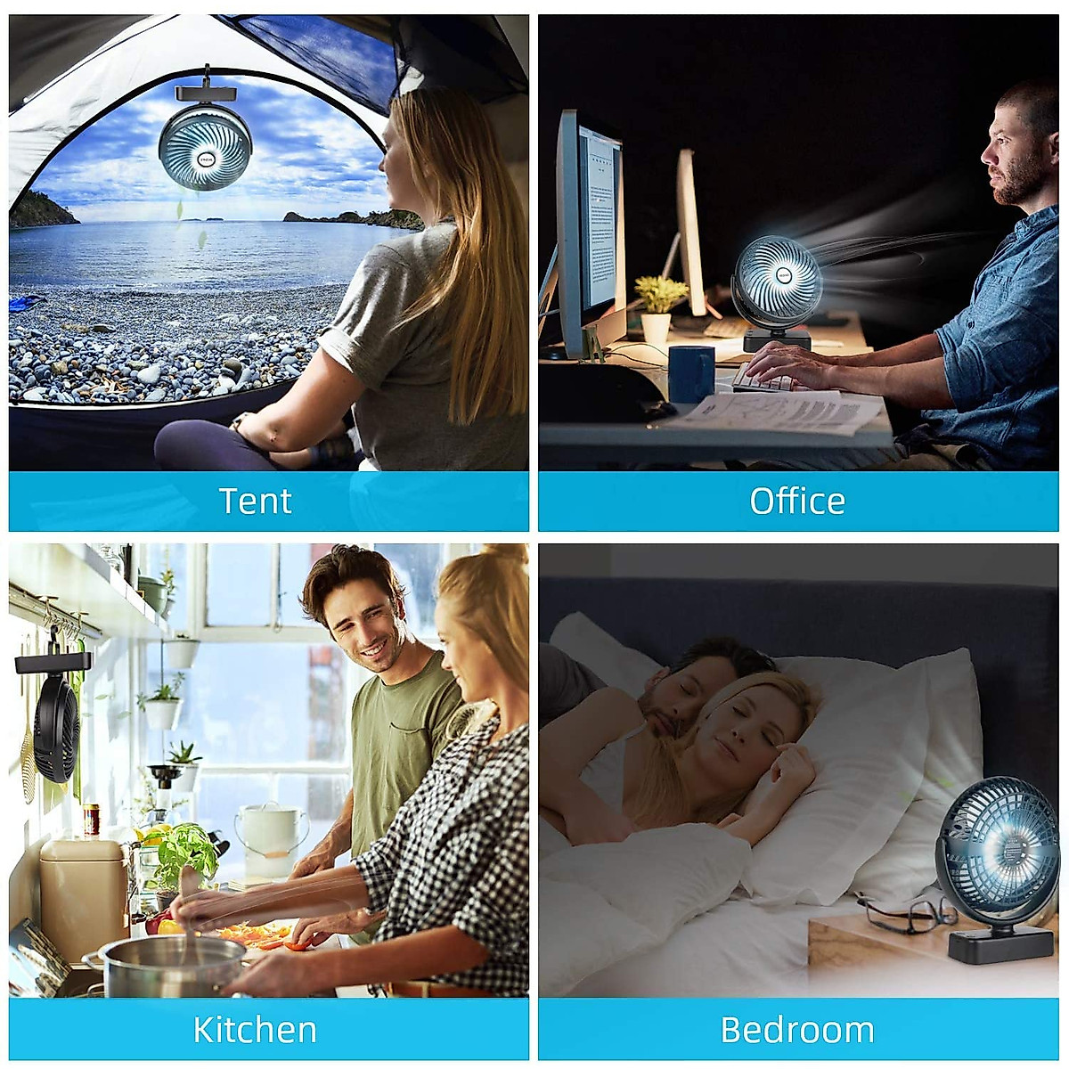 AJOYEUX Camping Fan Rechargeable 5000mAh Tent Fan with LED Lantern 7-Inch Battery Operated USB Fan Powerful for Camping Home Office RV