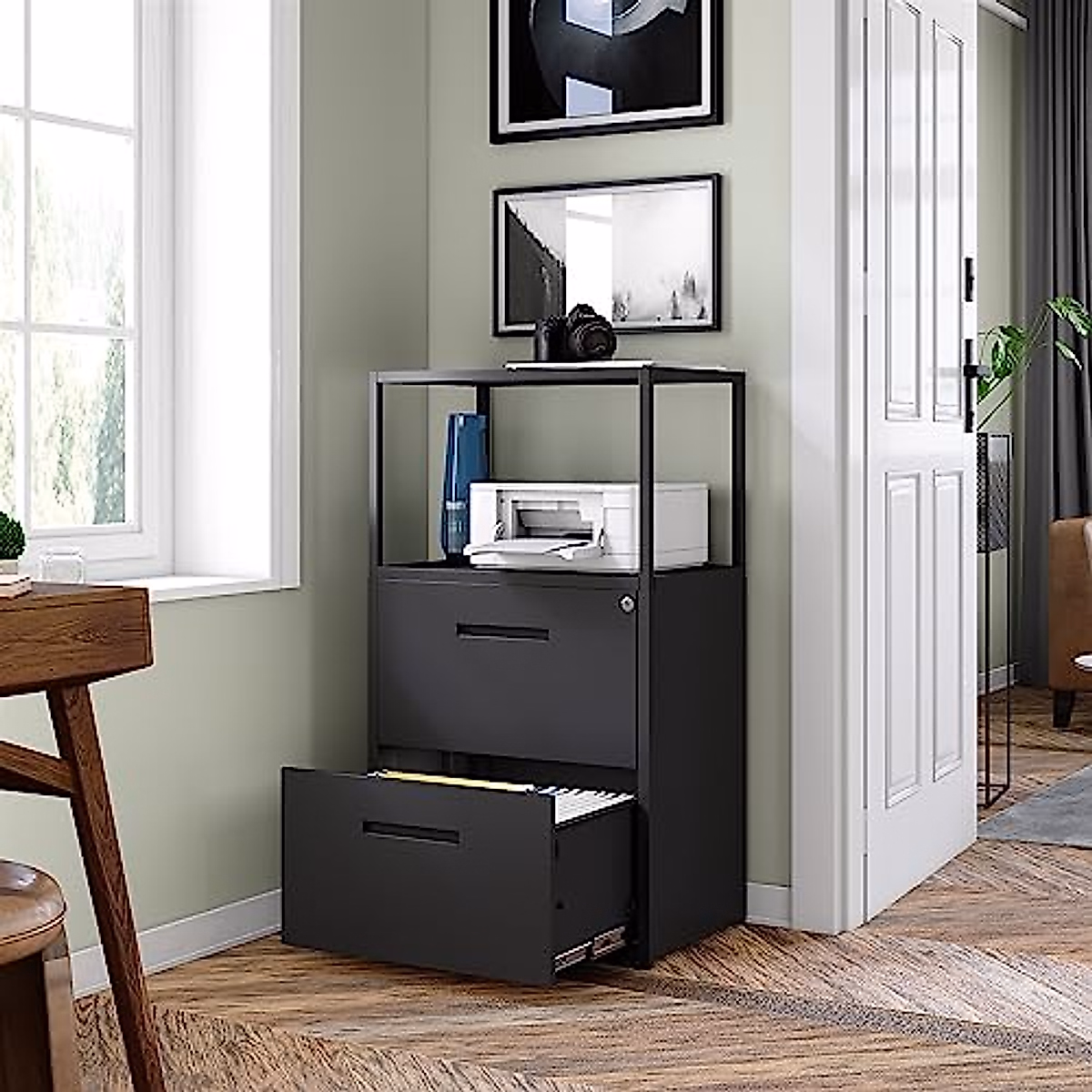 BYNSOE 2 Drawer Lateral File Cabinet with Shelving Metal Filing Cabinet with Lock Office Home File Cabinet for A4 Legal/Letter,Assembly Required (Black, 2 Drawers with Shelving)