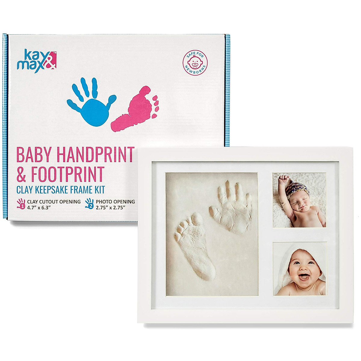 Sale - Baby Handprint & Footprint Kit by Kay&Max - Premium No Mold and Non Toxic Clay - Keepsake Wood Picture Frame Box